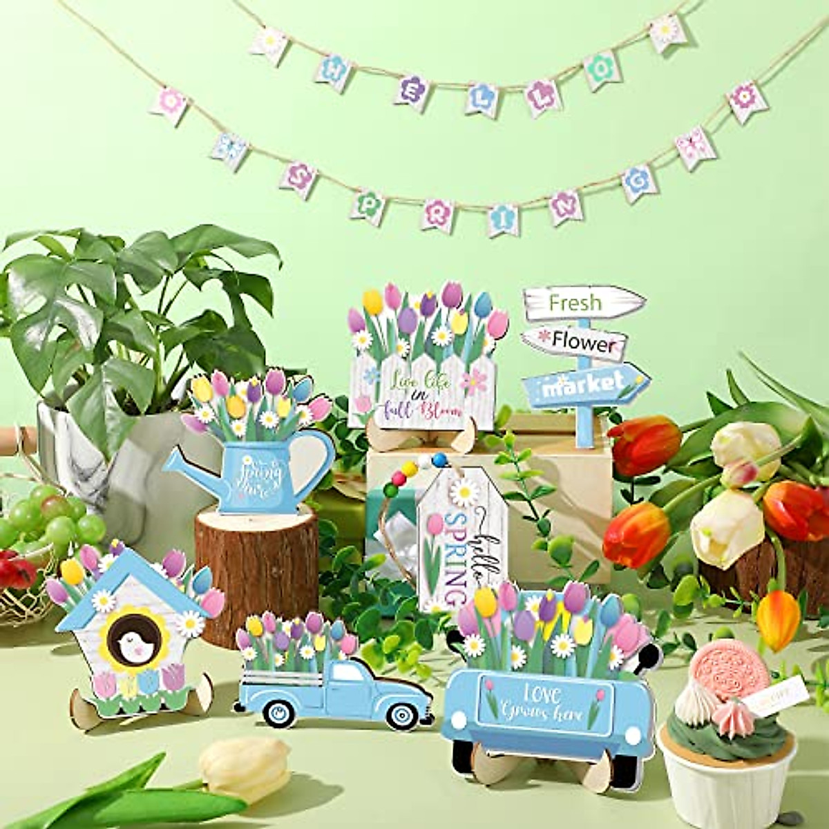 Bucherry Hello Spring Tiered Tray Decor Tulips Table Wooden Sign Decorations Flower Market Tabletop Rustic Farmhouse Decor for Spring Holiday Party Home Kitchen (Tulip Style)