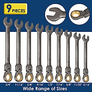 YIYEIE 9 Pc. Flex-Head Ratcheting Wrench Set, SAE 5/16, 11/32, 3/8, 7/16, 1/2, 9/16, 5/8, 11/16, 3/4 Inch, 72 Tooth, Nickel Plating, Cr-V Steel, Flexible Combination Wrench Set with Swivel Ratchet