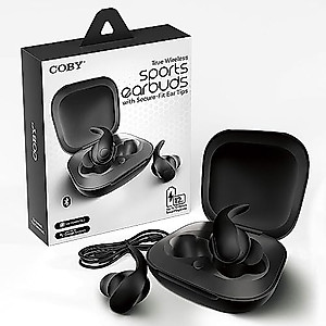 Coby Sports True Wireless Earbuds w/Secure-Fit Ear Tips | in-Ear Headphones Up to 12 Hours Play | Sweat-Resistant | Noise-Isolating | in-Ear Earbuds | Sports Earbuds, Bluetooth Earbuds (Black)