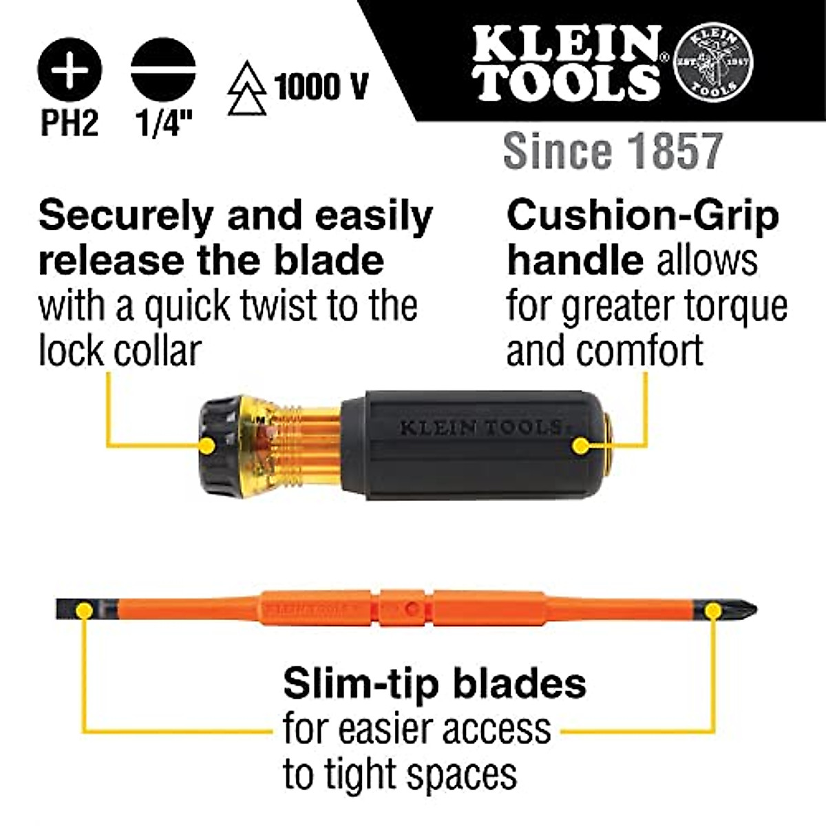Klein Tools 32293 Insulated Screwdriver, 2-in-1 Screwdriver Set with Flip Blade, #2 Phillips and1/4-Inch Slotted Tips, Double-Ended Blades