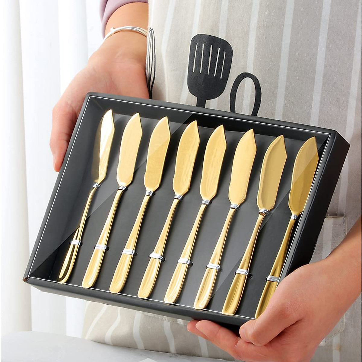 Buyer Star Butter Knives, 18/10 Stainless Steel 6.10 Inch Gold Cheese Spreader Knives Set in Black Gift Box, Dishwasher Safe, Set of 8