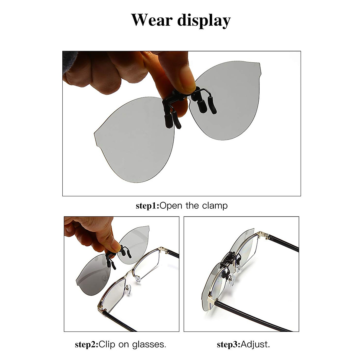 YAMEIZE Polarized Clip-on Sunglasses Anti-Glare UV400 Protection Flip Up Rimless Lens for Prescription Glasses (Grey)