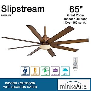 MINKA-AIRE F888L-DK Slipstream 65 Inch Outdoor Ceiling Fan with Dimmable LED Light and DC Motor in Distressed Koa Finish
