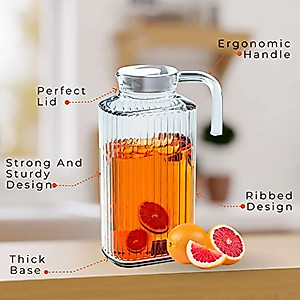 Xabono 1.8 L (62.5 oz) Glass Pitcher with Lid 2 Quart Pitcher with Lid Strong Glass Glass Pitcher Fridge Glass Water Pitcher Juice Sangria Ice Tea Glass Milk Bottle with Lid Glass Handle Glass Carafe