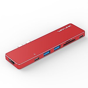 Wavlink USB-C Hub Aluminum Type-C Adapter for Apple MacBook Pro 2016 and 2017-40GB/S Thunderbolt 3 5K@60Hz, USB-C Data Port, 2 USB 3.0, SD/Micro SD Card Readers with Leather case-Red