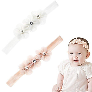 Baby Toddler Elastic Chiffon Flower Headbands Princess Girls Hand Sewing Beads Flower Headwear Nylon (QJ318)