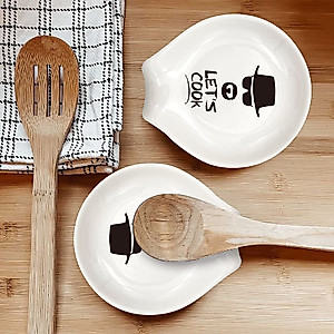 family Kitchen Funny Kitchen White Ceramic Spoon Rests, Let’s Cook Coffee Tea Spoon Rest Holder for Men, Friends, Chef New House Housewarming Gift