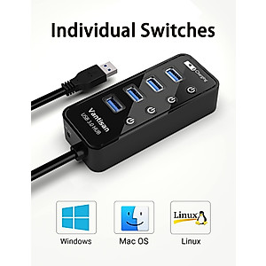 vantisan Powered USB 3.0 Hub, USB Extension 4-Port USB Hub Splitter (4 USB 3.0 Data Ports+1 Smart Charging Port) with 5V/3A Powered Adapter and Individual ON/Off Switches