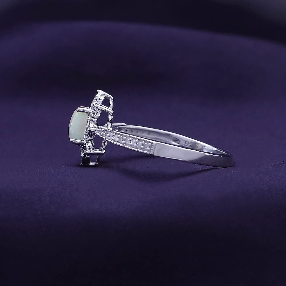 GEMVIO Collection 1/2 CT 6X4MM Oval Cut Natural White Opal Gemstone With Diamond Sunburst Frame Vintage-Style Halo Ring In 14K White Gold Over Sterling Silver Engagement Wedding Ring(0.50Cttw)-9