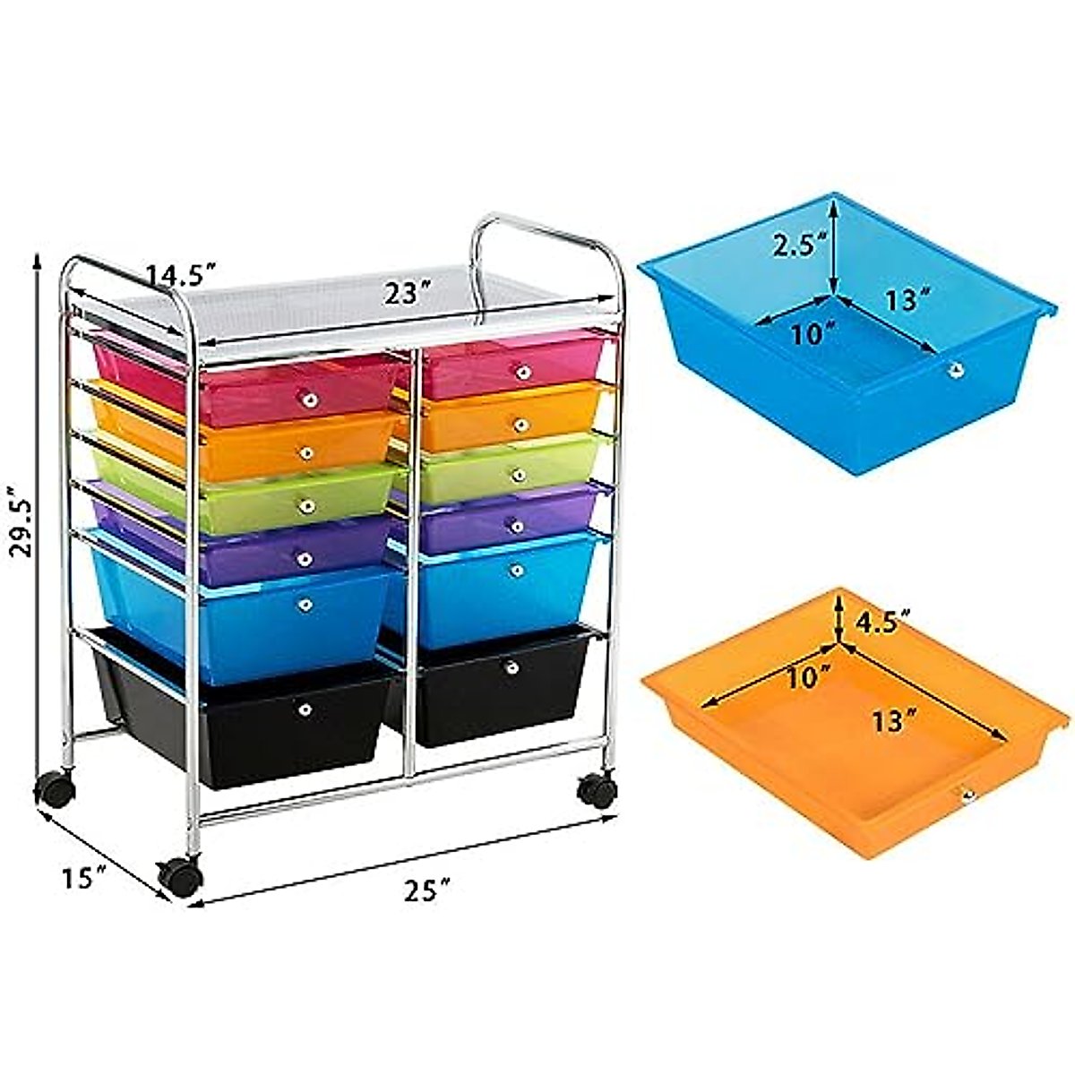 12-Drawer Rolling Storage Craft Cart and Organizer - Rolling Organizer Cart Tools and 4 Universal Casters (Transparent Multicolor)