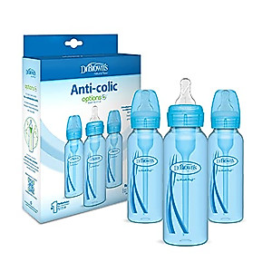 Dr. Brown’s Natural Flow® Anti-Colic Options+™ Narrow Baby Bottles 8 oz/250 mL, with Level 1 Slow Flow Nipple, 3 Pack, 0m+ Blue