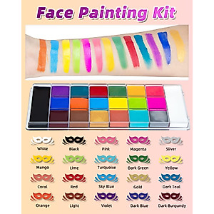 Fantastory Face Paint Kit 158pcs - 20 Colors with Glitters, Stencils, Hair Chalks, Tattoo Stickers, Brushes, Sponges & Guide - Professional Water-Based Body & Face Paint for Halloween, Suitable