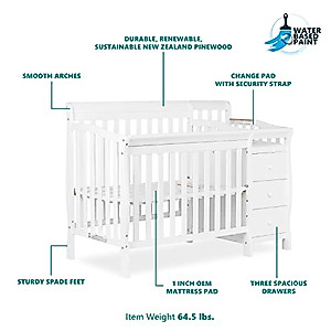 Dream On Me Jayden 4-in-1 Mini Convertible Crib And Changer in White, Greenguard Gold Certified, Non-Toxic Finish, New Zealand Pinewood, 1" Mattress Pad