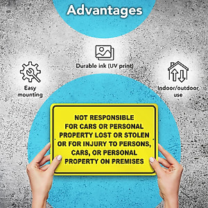 Not Responsible for Accidents or Injuries Sign - 8x12 Aluminum Management Not Responsible Sign - Not Responsible for Lost or Stolen Items Sign