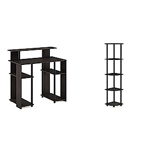 Furinno Jaya Simple Design Computer Writing Desk, Walnut & Turn-N-Tube 5 Tier Corner Display Rack Multipurpose Shelving Unit, 1-Pack, Espresso/Black