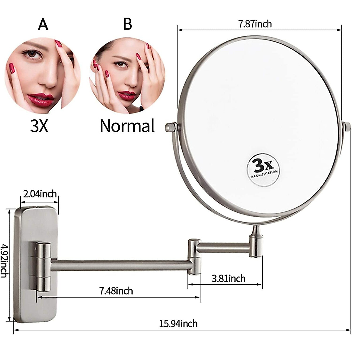 Ci Hua Bathroom MirrorWall, Wall Mounted Makeup Mirror, 8 inch Nickel Finish Rotatable Magnifying Shaving Mirror, Extendable Folding Cosmetic Bathroom Vanity Mirrors