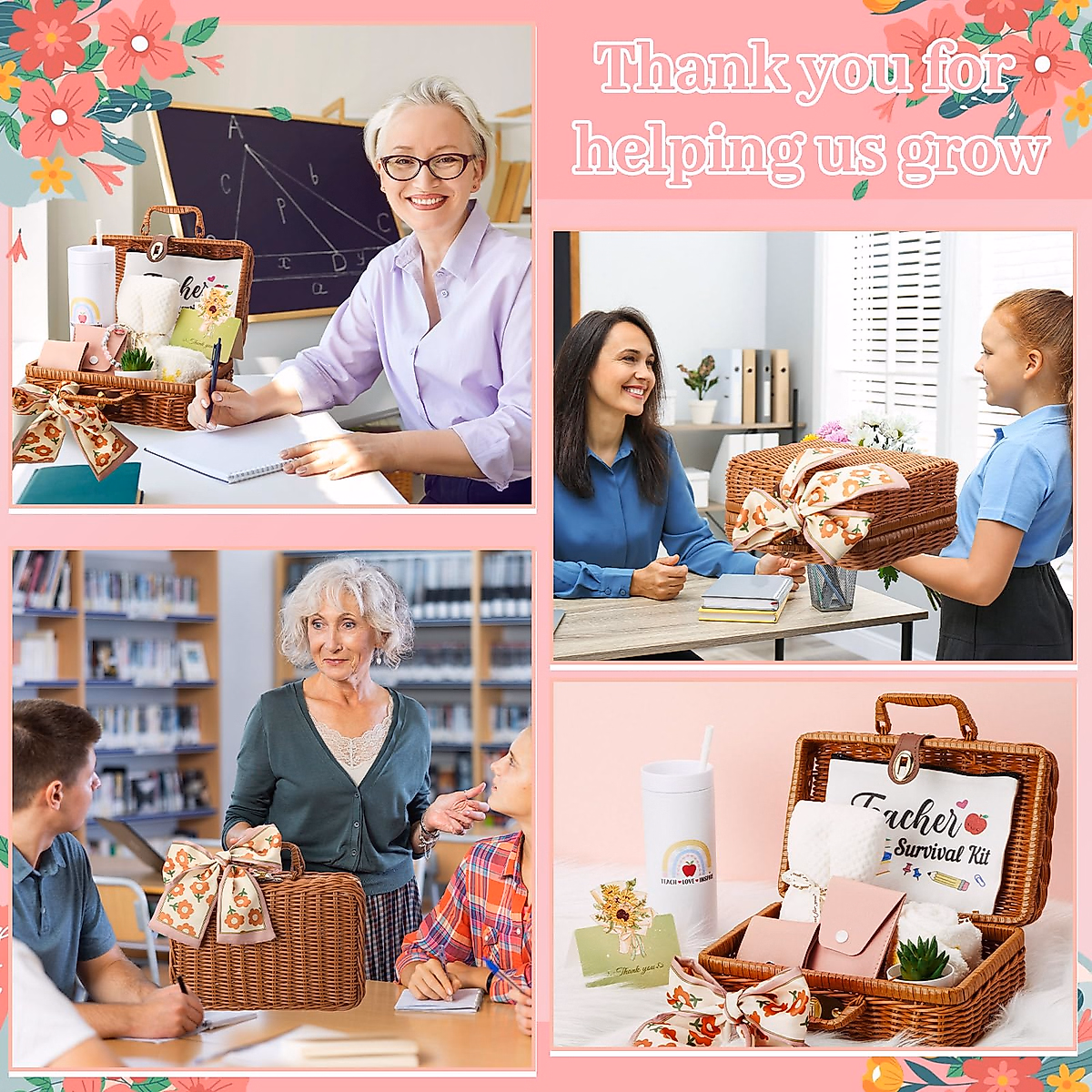 Reallnaive 11 Pcs Teacher Gifts for Women Appreciation Graduation Thank You Gift Include Tumbler, Basket, Ribbon, Bracelet, Card, Towel, Makeup Bag, Plant, Makeup Brushes, Nail Clippers, Socks