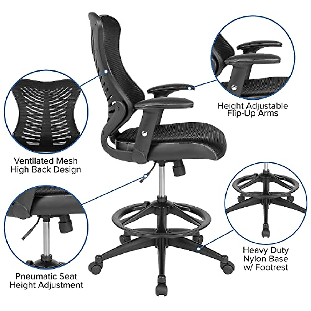 Flash Furniture High Back Designer Black Mesh Drafting Chair with LeatherSoft Sides and Adjustable Arms