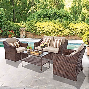 Patiomore 4-Piece Outdoor Furniture Patio Conversation Set All Weather PE Wicker Sofa Set with Glass Coffee Table, Brown