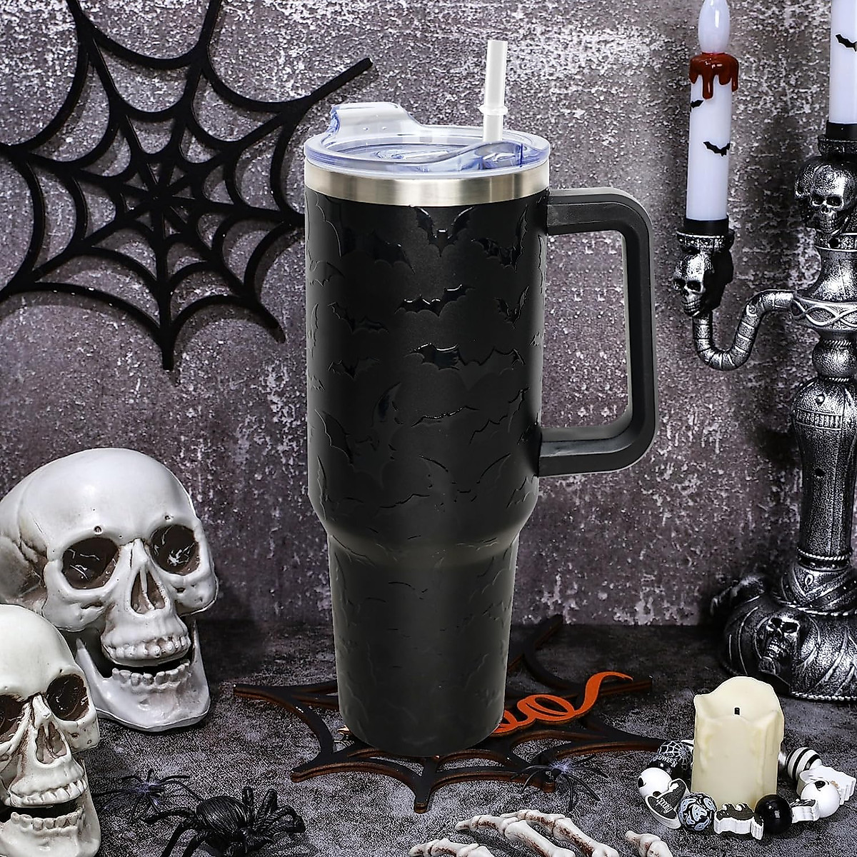 qynspngs 40 oz Halloween Tumbler with Lid and Straw - 5D Bat Print Tumblers with Handle Halloween Stainless Steel Insulated Travel Cup Black Coffee Cups Gifts for Women Men Adults