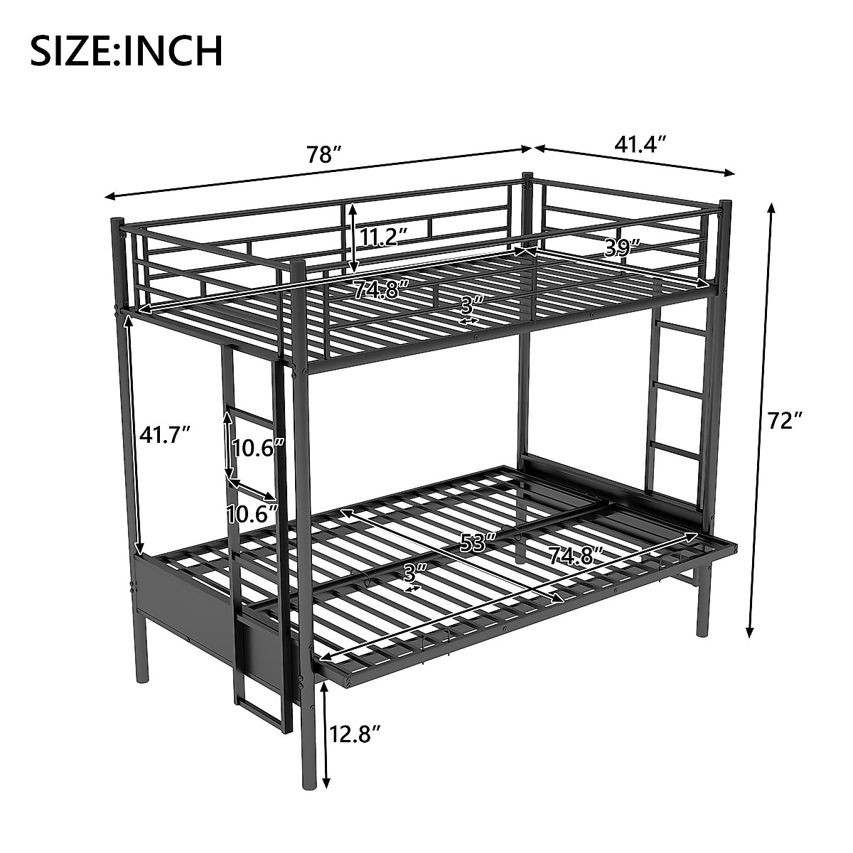 SOFTSEA Twin Over Full Metal Bunk Bed Industrial Style Twin Over Futon Bunk Bed for Kids (Futon Bunk)