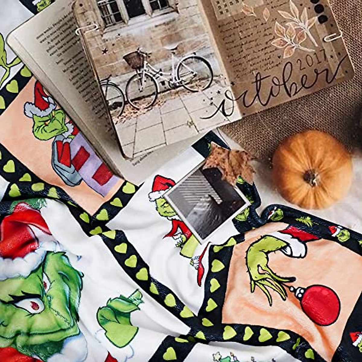 Christmas Fleece Blankets Super Soft Bed-Throw Blanket Green Christmas Grinchy Cartoon Mosaic Warm Bed Blanket for Sofa Chair Bed Living Room Funny Stitching Winter Companion Blessing 60"x80"