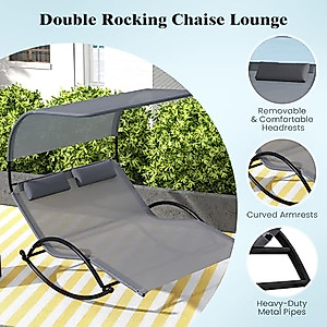Tangkula 2 Person Lounge Chair with Canopy, Outdoor Chaise Lounge with 2 Detachable Pillows, Sturdy Metal Frame, Extra Large Double Patio Hammock Sunbed Swing for Backyard, Poolside (Gray)