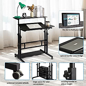 SIDUCAL Mobile Stand Up Desk, Adjustable Laptop Desk with Wheels Storage Desk Home Office Workstation, Rolling Table Laptop Cart for Standing or Sitting, Black