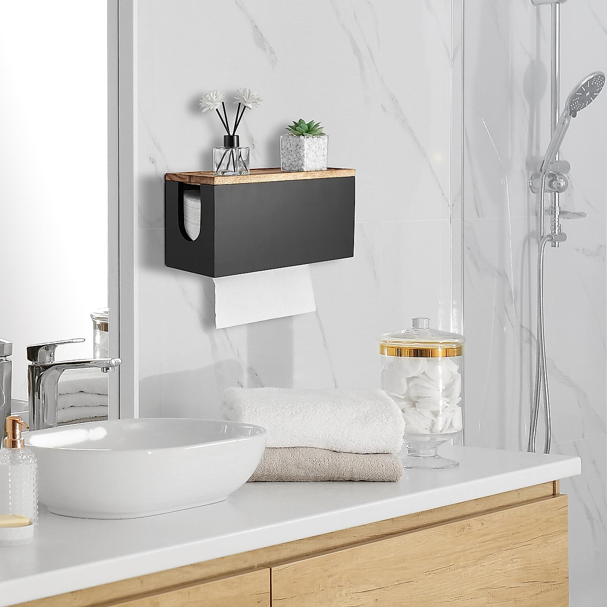 Paper Towel Dispenser Wall Mount, Wooden Bathroom Paper Towel Holder with Lid for Home and Commercial, Countertop C-Fold, Z-Fold, Trifold Paper Hand Towel Dispenser for Bathroom Kitchen Office, Black