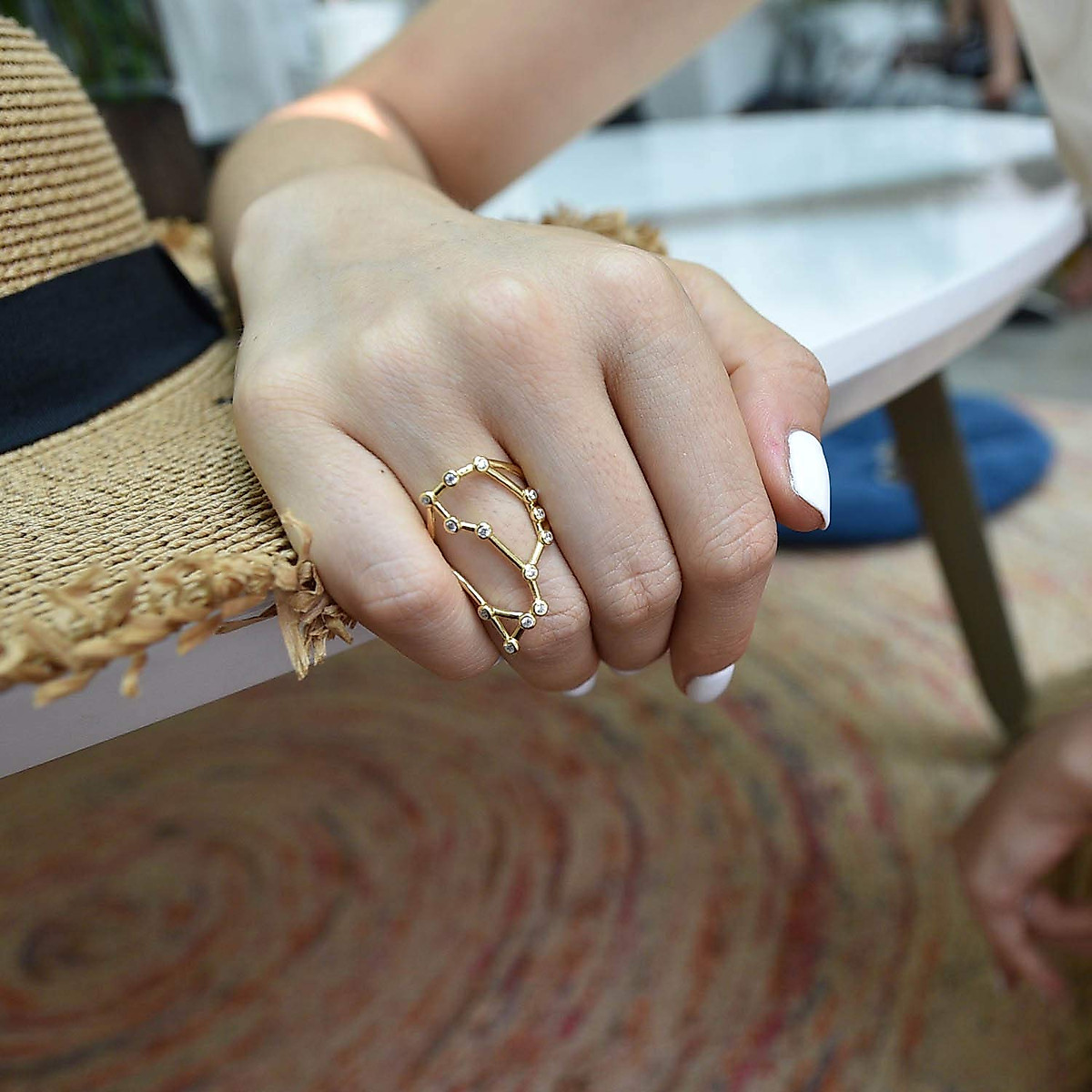 18K Gold Plated Sterling Silver Bezel Set Constellation Zodiac Rings - Gemini (May 21 - Jun 20）