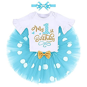 IBTOM CASTLE It's My 1st Birthday Outfit For Baby Girls First Birthday Gift Wild ONE Bodysuit Romper Onesie Sequin Bow-tie Tulle Tutu Polka Dots Skirt for Photo Shoot w/Ears Headband Blue 1T