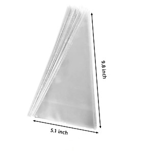 TIMIGGBY 100 Pieces Cone Bag Clear Cone Shaped Treat Bags Cellophane Triangle Bags with 100 PCS Twist Ties Colourful (5.1x9.8 inch)