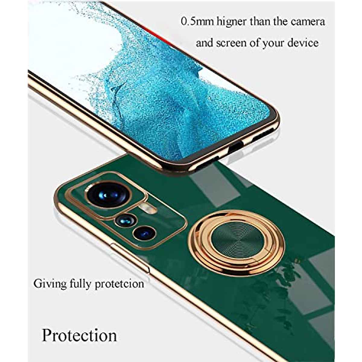 Compatible with Xiaomi 12T Pro Case with Ring Holder Magnet Silicone, Xiaomi 12T Pro Phone Case Xiaomi 12T Case Silicone Thin White Cover Black 360° Rotatable Metal Kickstand (Dark Green)