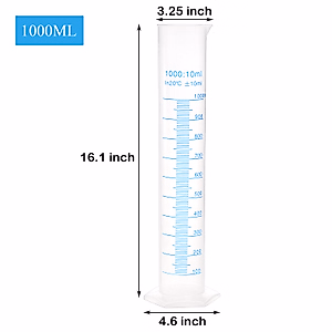 Bekith 4 Pack 1000ml Plastic Graduated Cylinder with Stable Base, Plastic Measuring Cylinder 2-Sided Marking Lab Cylinders, Clear Measuring Cylinder for Science Projects, Laboratory Supplies