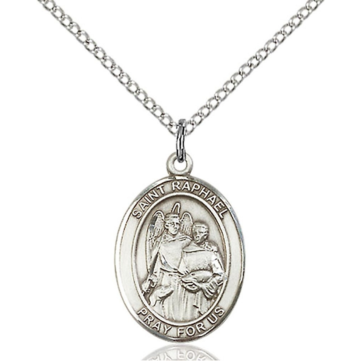 F A Dumont Sterling Silver St. Raphael The Archangel Pendant with 18" Stainless Steel Lite Curb Chain. Patron Saint of Blind/Love/Safe Journey