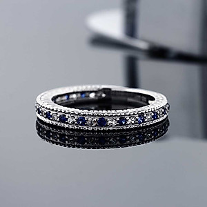 Gem Stone King 925 Sterling Silver Blue and White Created Sapphire Ring | Ladies Anniversary Wedding Band Ring For Women | 0.48 Cttw | Available In Size 5, 6, 7, 8, 9
