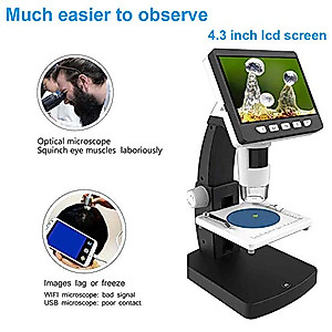 LCD Digital Microscope, YINAMA 4.3 Inch 50X-1000X Magnification 1080P Compound Handheld Microscopes Camera with Rechargeable Battery Mini Hdmi Port 8 LED Lights Slides