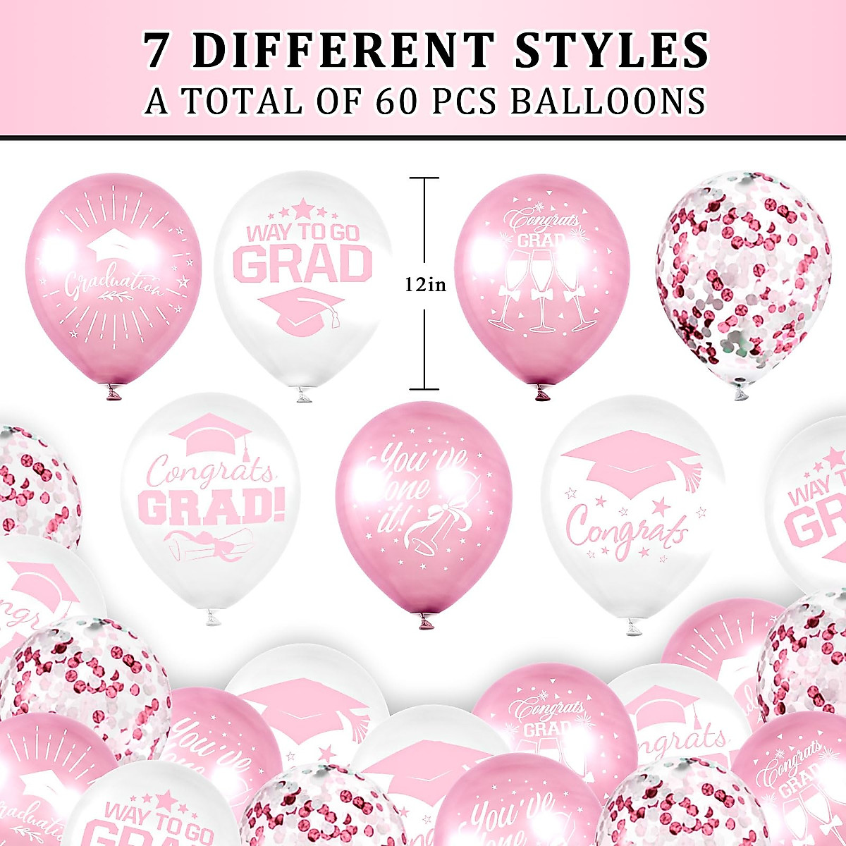 Whaline 60Pcs Graduation Party Balloon Set 7 Designs Confetti Latex Balloon with 2 Rolls Ribbon Grad Cap Congrats Grad Balloon for Graduation Party Decoration Supplies (Pink, White)
