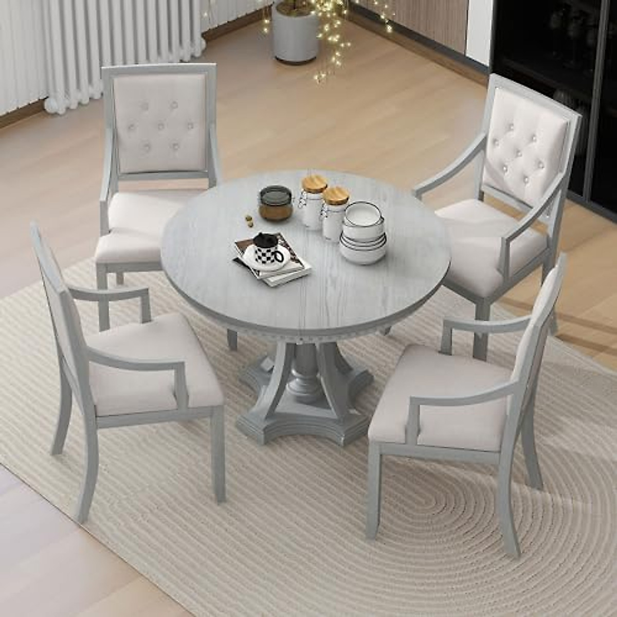 KoiHome, Wood Two-Size Round to Oval Butterfly Leaf, 4 Upholstered Armrest, 4 (Antique Grey Oak), 5-Piece Extendable Dining Table/Chairs Set