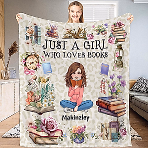 SATIGI Personailized Book Blanket, Just A Girl Who Loves Book Blanket, Customize Book Reading Blanket and Throw Book Lovers Daughter Gift (Girl Love Book Design 01, Small/Medium/Large/X-Large)