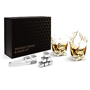 flybold Whiskey Glass Set Whiskey Stones Gift Set Whiskey Rocks Best Man Gifts for Wedding with 8 Stainless Steel Ice Cubes for 3X Faster Cooling 2 Glasses Gift Packing