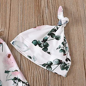 Kislio Newborn Baby Girls Boy Knotted Gown Floral Nightgown Sleeper Gown Swaddle Headband Hat Coming Home Outfit Set Pink