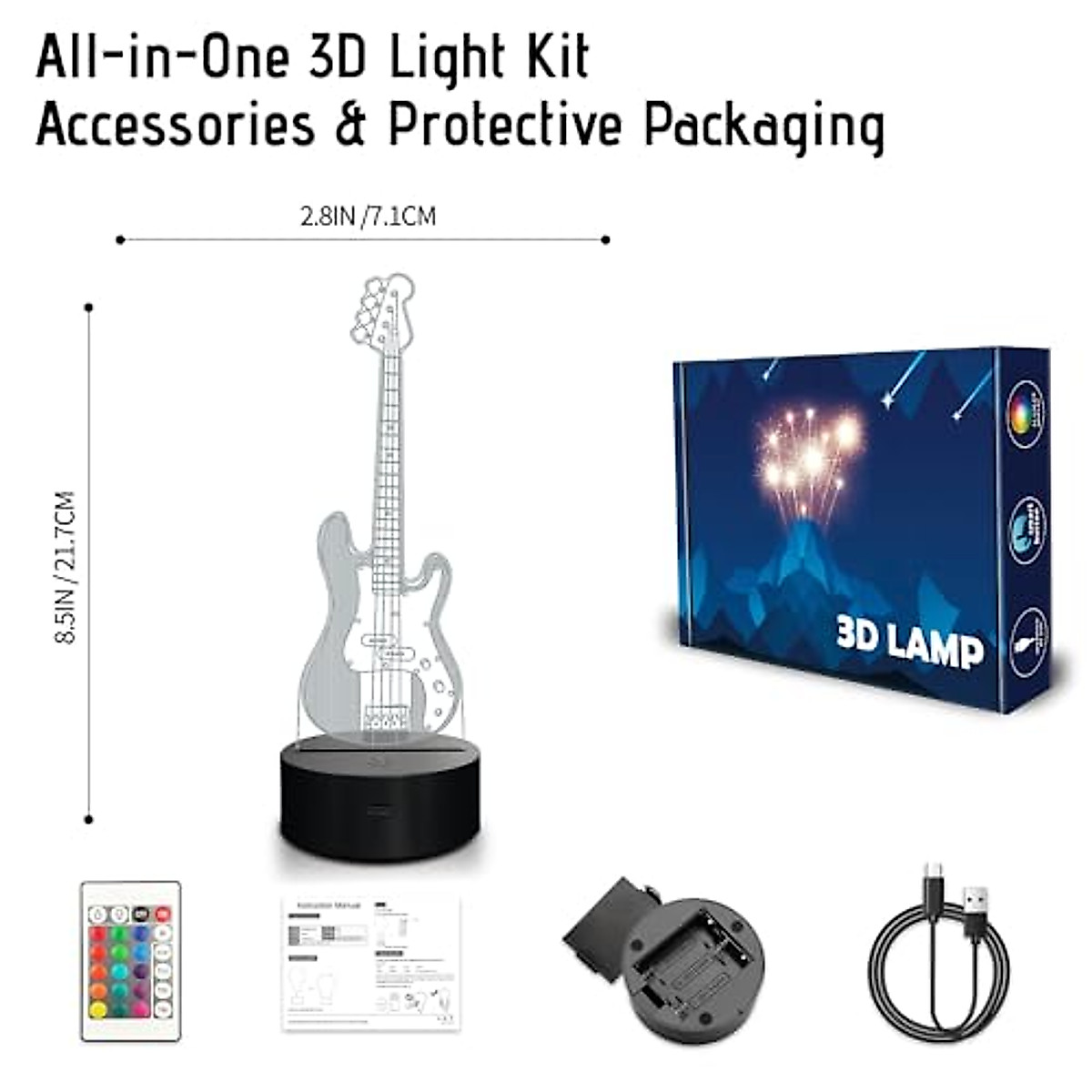Anywin Guitar Gift, Bass Guitar Musical Instruments Illusion Night Light Festival Birthday Day Children Present Nursery Bedroom Desk Table Decoration for Boys Kids Music Lovers