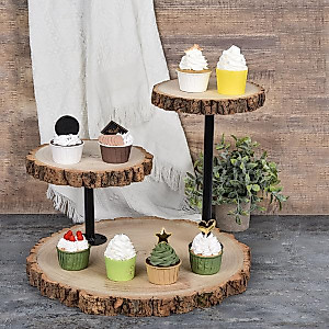 Efavormart 14" Tall | 3 Tier Rustic Wood Slice Cupcake Stand, Natural Wooden Cake Stand Dessert Display with Metal Poles