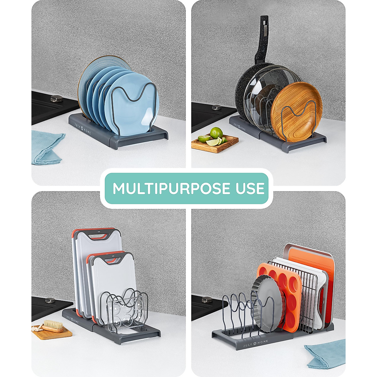 JULY HOME Expandable Pot and Pan Organizer Rack for Cabinet, Pot Lid Organizer Holder with 7 Adjustable Compartments, Cutting Board, Cookware, Bakeware & Frying Rack Organizer for Cabinet (Gray)