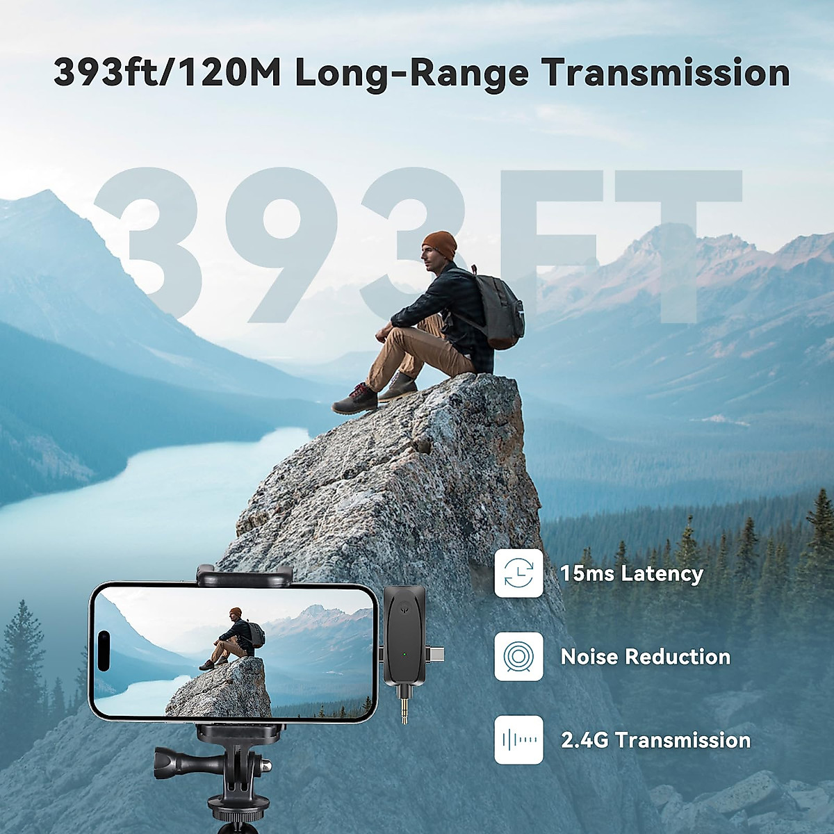 macvor 393FT Wireless Lavalier Mics for iPhone, Android, Laptop - Noise-Reducing Mini Microphones for Video Recording, Streaming, Interviews, Vlogs, YouTube, TikTok