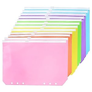 PATIKIL A5 Binder Pocket, 12 Pack PVC Zipper 6 Holes Binder Pouch Folders Document Waterproof Filing Storage Loose Leaf Bags for 6-Ring Notebook Binder, 6 Colors