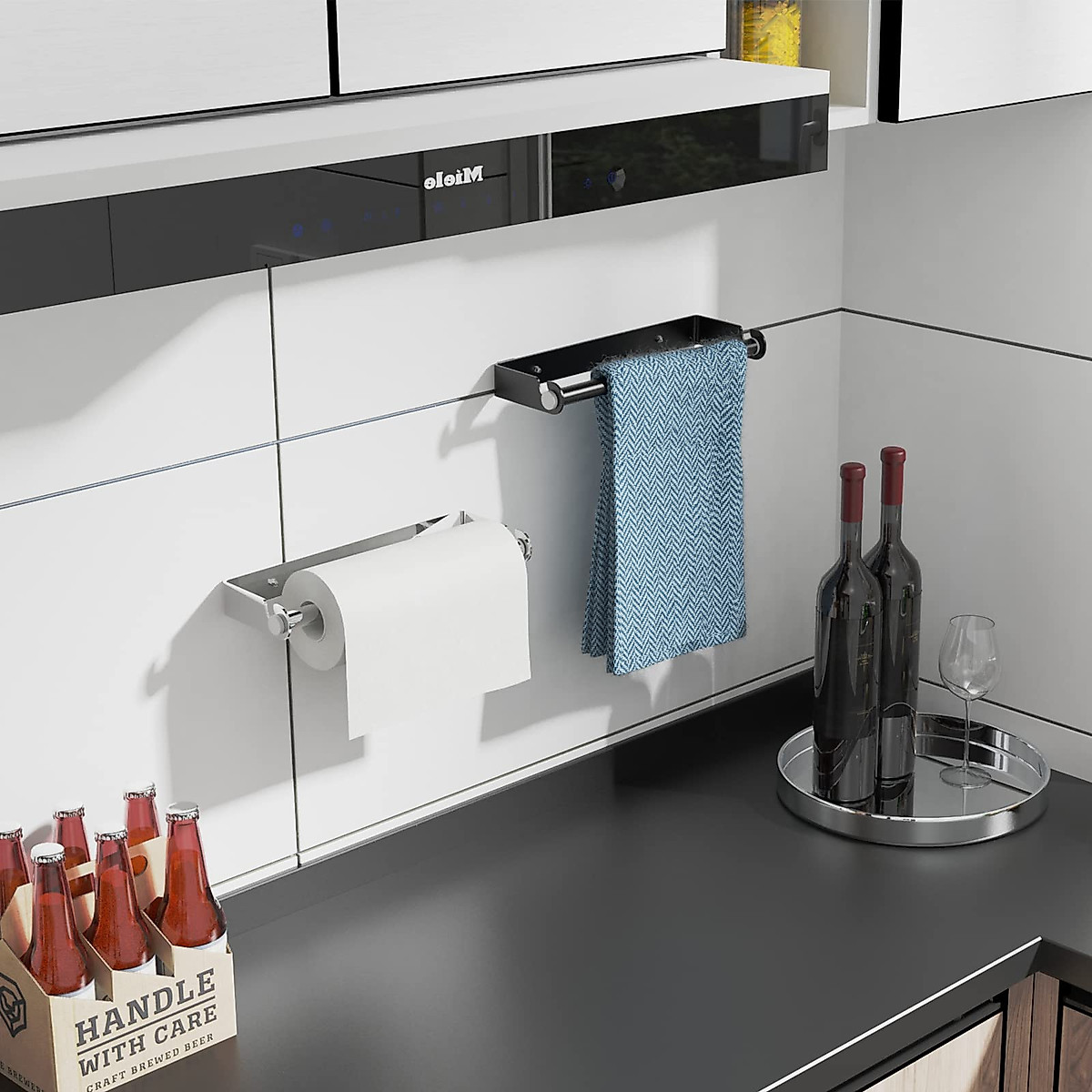 URALFA Under Cabinet Paper Towel Holder Wall Mount, Paper Towel Roll Holder Both Available in Adhesive and Screws, Paper Towel Rack for Kitchen, Bathroom, Pantry, Sink (Black)