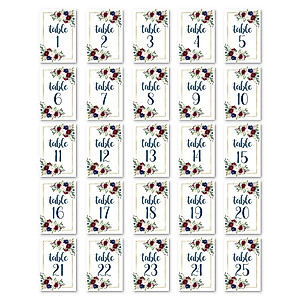 Hadley Designs 1-25 Burgundy Floral Table Number Double Sided Signs For Wedding, Restaurant Birthday Party Set Calligraphy Printed Numbered Card Centerpiece Decoration Reusable Frame Stand 4x6 Size