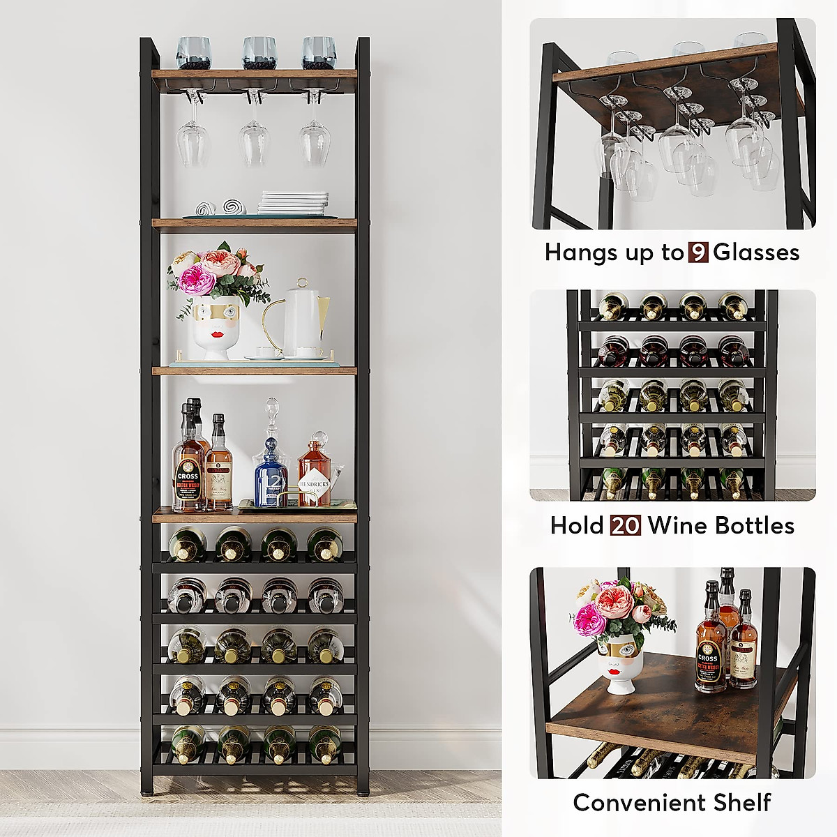 Tribesigns 20 Bottle Wine Bakers Rack, 9 Tier Freestanding Wine Rack with Glass Holder and Storage Shelves, Multi-Function Wine Bar Cabinet Bottle Holder for Kitchen, Dining Room, Rustic Brown